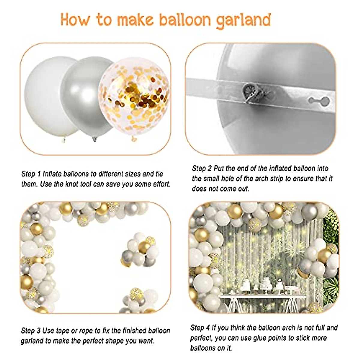 White Balloon Garland Kit with String Lights White Backdrop Curtain, Silver White and Gold Confetti Pearlescent Latex Balloons for Baby Shower Wedding Birthday Party Decorations