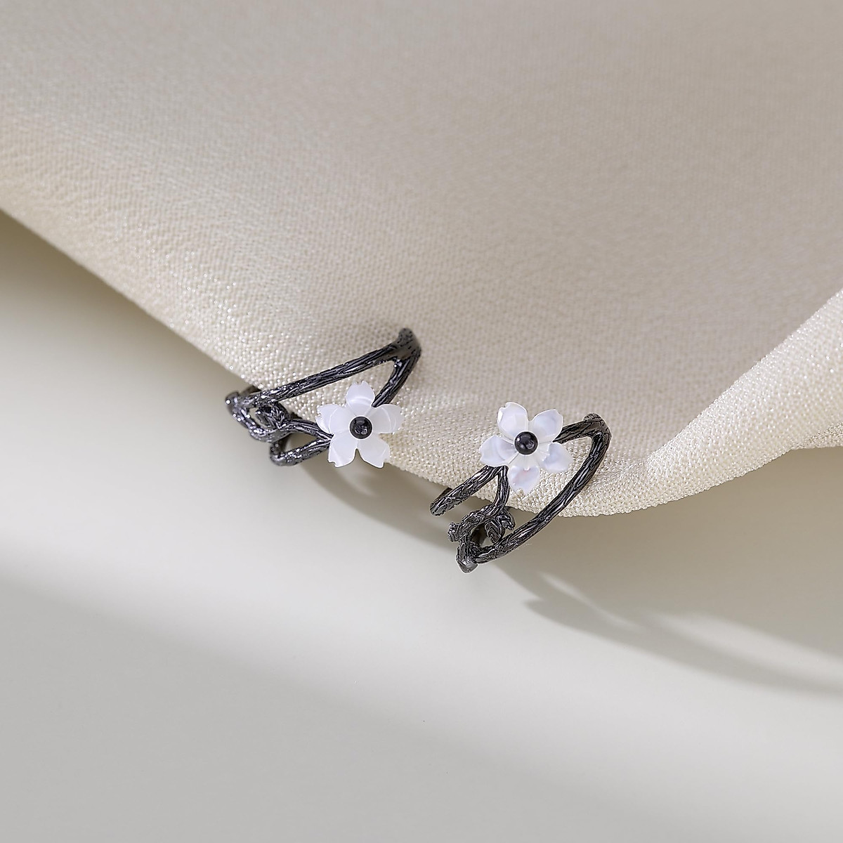 Reffeer Solid 925 Sterling Silver Flower Cuff Clip-On Earrings Cartilage Wraps for Women Teens Helix Ear Cuffs No Piercing (B-Black)