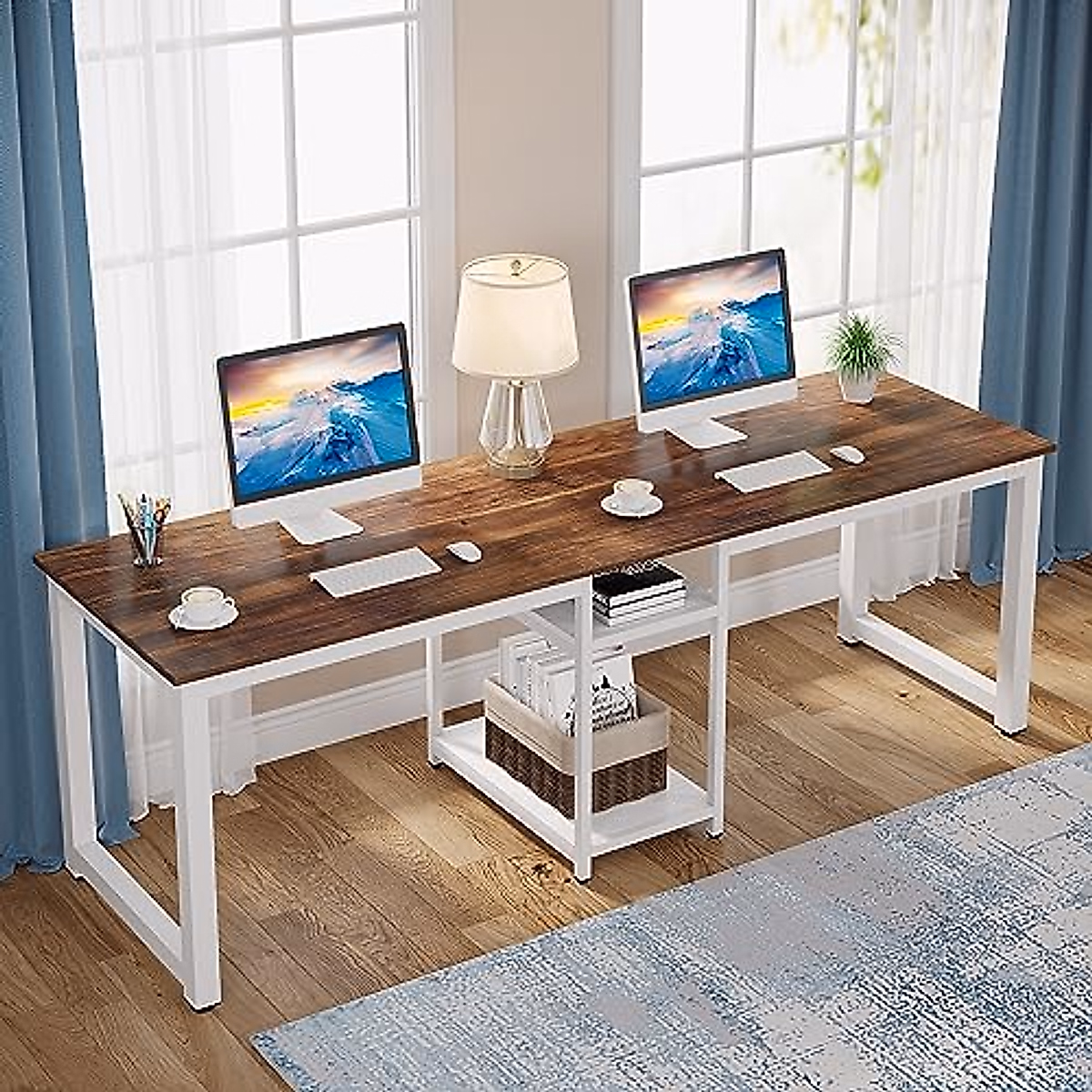 Tribesigns 78 Inches Computer Desk, Extra Large Two Person Office Desk with Shelf, Double Workstation Desk for Home Office (Brown/White)