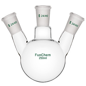 FunChem Three Necks Round Bottom Flask RBF, Glass 3-Neck Boiling Flask with 24/40 Standard Taper Outer Joint, 250 ml