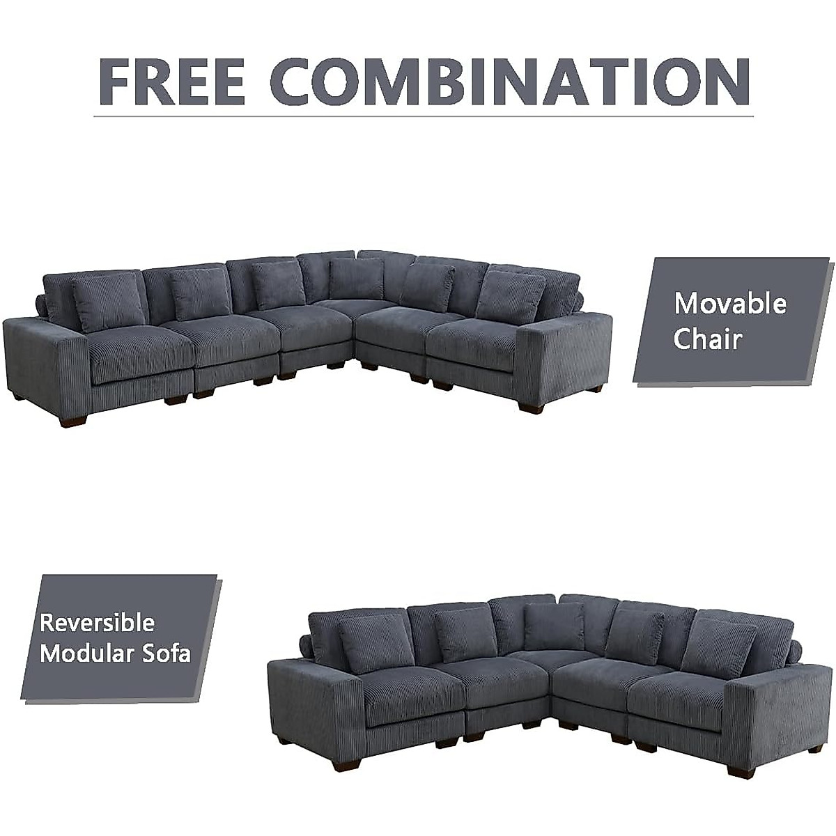 AYCP Customized Oversized Reversible Modular Sofa Couch Set with Adjustable headrest and Ottomans (Dark Grey, L Shape 6pcs)