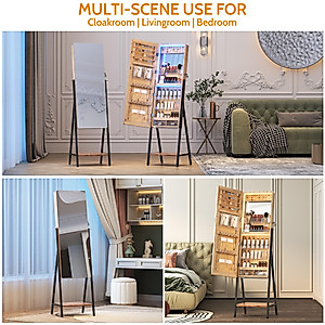 LVSOMT LED Standing Jewelry Mirror Cabinet, Stand Up Full Length Mirror with Storage, Lockable Floor Jewelry Armoire Organizer with 2 Drawers, Bottom Shelf, Built-in Lighted Makeup Mirror (Brown)