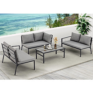 AECOJOY Aluminum Patio Furniture Set, Modern Outdoor Sectional Set, Patio Conversation Table and Chair Sets for Lawn, Backyard, and Deck with Grey Cushions