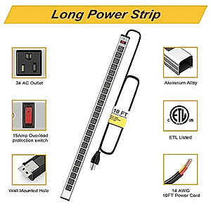 Long Power Strip 24-Outlet ETL Certified Heavy Duty Metal Power Strip 10 ft Extension Cord with Multiple Outlets Garage Workshop Commercial Industrial Power Strip