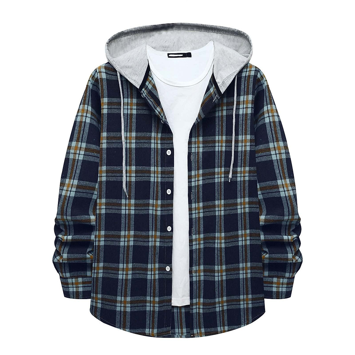 Aymnlox Hoodies for Men Fashion Long Sleeve Plaid Button Shirts Jacket With Hood Casual Stylish Drawstring Sweatshirts Coat men designer hoodies Blue M