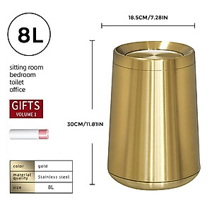 YOJIA 8L / 2.1Gal Gold Brushed Stainless Steel Trash Can with Swing Cover,Gold Bathroom Trash can ，Decorative Garbage Can for Bathroom, Living Room, BedroomOffice, Hotel, RV (32A gold-8L)