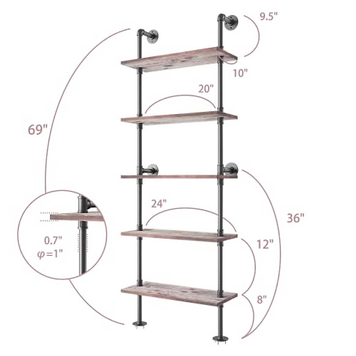 Yuanshikj 5 Tier Industrial Pipe Solid Wood Ladder Shelf/Shevles/Shelving Bookshelf/Bookcase Retro Metal Iron Pipes Wood Planks Rustic Display Wall Mounted for Collection Living Room Decor Storage