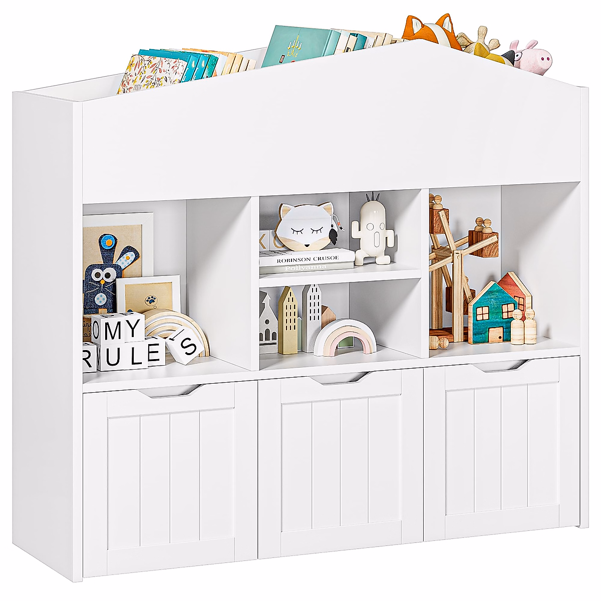 FOTOSOK Toy Storage Organizer with 3 Movable Drawers, Toy Organizers and Storage with Concealed Wheels and 7 Cubbies, Toy Storage Kids Storage Organization, Playroom Furniture, White