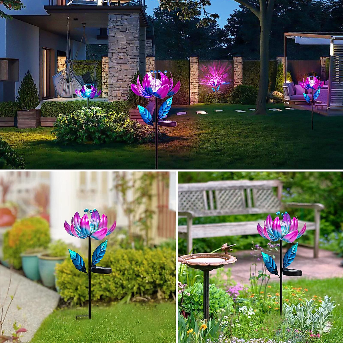 AIINY Solar Purple Metal Flower Wind Spinners, Colorful Spinning Windmill Lotus Yard Art Lights Wind Pinwheels with LED Crystal Ball Decorative Stake Lighting Flower Sculpture