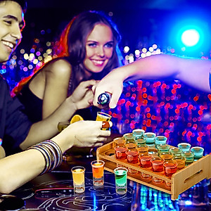 Juexica Shot Glasses Set 0.5 Oz/ 15 ml 24 Pcs Acrylic Mini Shot Glass with Tray Holder Shot Glass Tray Serving Holder Wood Serving Tray Tequila Glasses Clear Shot Glasses for Club Party Bar