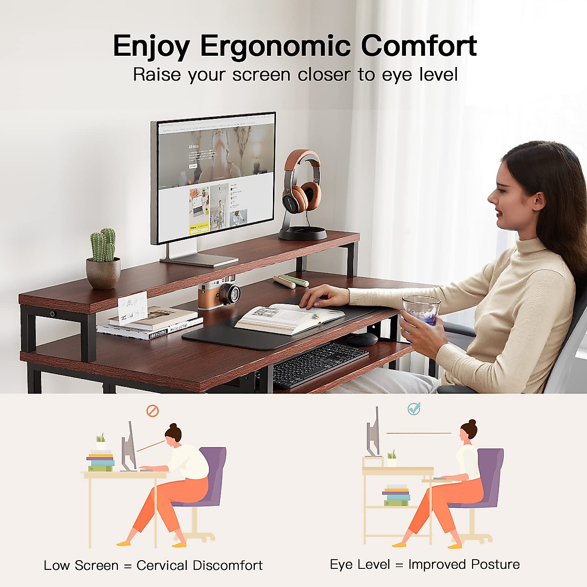 NOBLEWELL Computer Desk with Storage Shelves, 47 inch Home Office Desk with Monitor Stand, Writing Desk Table with Keyboard Tray (Cherry)