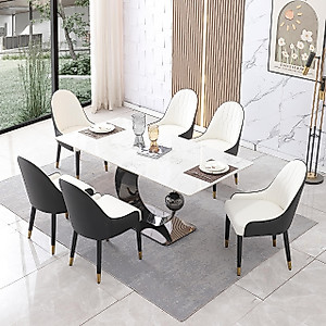 Voohek White+Black 7-Piece Modern Dining Room Set, with 6 Upholstered Chairs, Table w/Round Special Shaped Carbon Steel Pedestal Base, Family Furniture for Home, Kitchen, Carrara