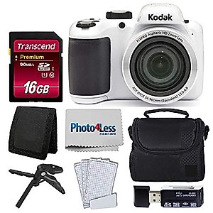 Kodak PIXPRO AZ401 Astro Zoom 16MP Digital Camera (White) + Camera Case + Transcend 16GB SDHC Class10 UHS-I Card 400X Memory Card + USB Card Reader + Table Tripod + Accessories
