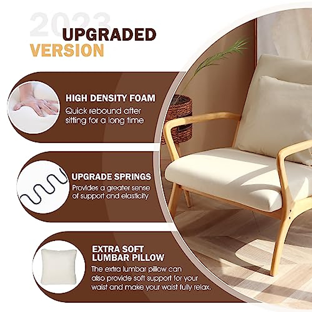 ELUCHANG Accent Chair with Lumbar Pillow,Mid-Century Modern Armchair, Linen Fabric Comfy Reading, Lounge Side Chair for Living Room Bedroom Apartment,Easy Assembly(Beige)