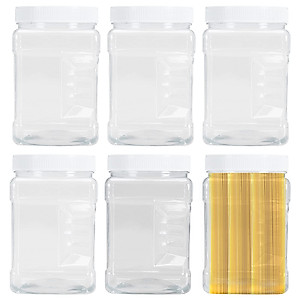 Lawei 6 Pack Square Plastic Jars with Lids, 30 Oz Clear Rectangular 4-Cup Containers with Easy Grip Handles, Wide Mouth Plastic Canisters for Dry Food, Cookies, Peanut Butter, Honey and Jam Storage