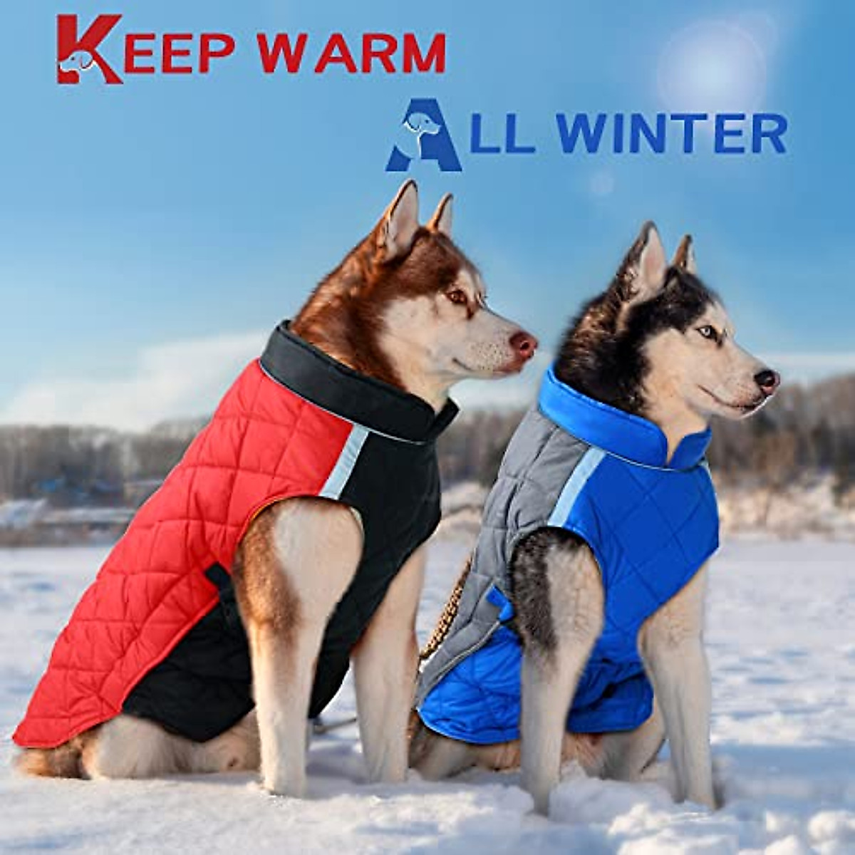 Cold Weather Dog Coats, Waterproof Dog Winter Coat Thick Padded Cozy Vest Reflective Warm Dog Vest Dog Snow Jacket with Leash Attachment Pet Winter Clothes for Small Medium Large Dogs, Red, Blue