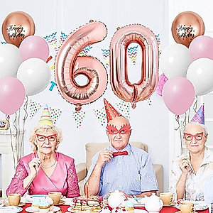 Funhot 40 Inch Rose Gold Number 60 Balloon, 60th Birthday Balloons, Rose Gold Birthday Print Matt White Pink Latex Balloons Giant 60 Foil Balloons for Women 60th Birthday Party Decoration Anniversary