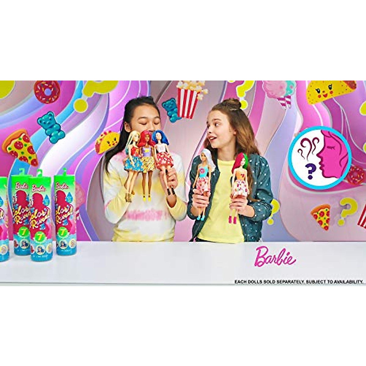 Barbie Color Reveal Doll with 7 Surprises: Water Reveals Doll’s Look & Creates Color Change on Face & Sculpted Hair; 4 Mystery Bags Contain Surprise Scented Wig, Skirt, Shoes & Sponge; Food-Themed