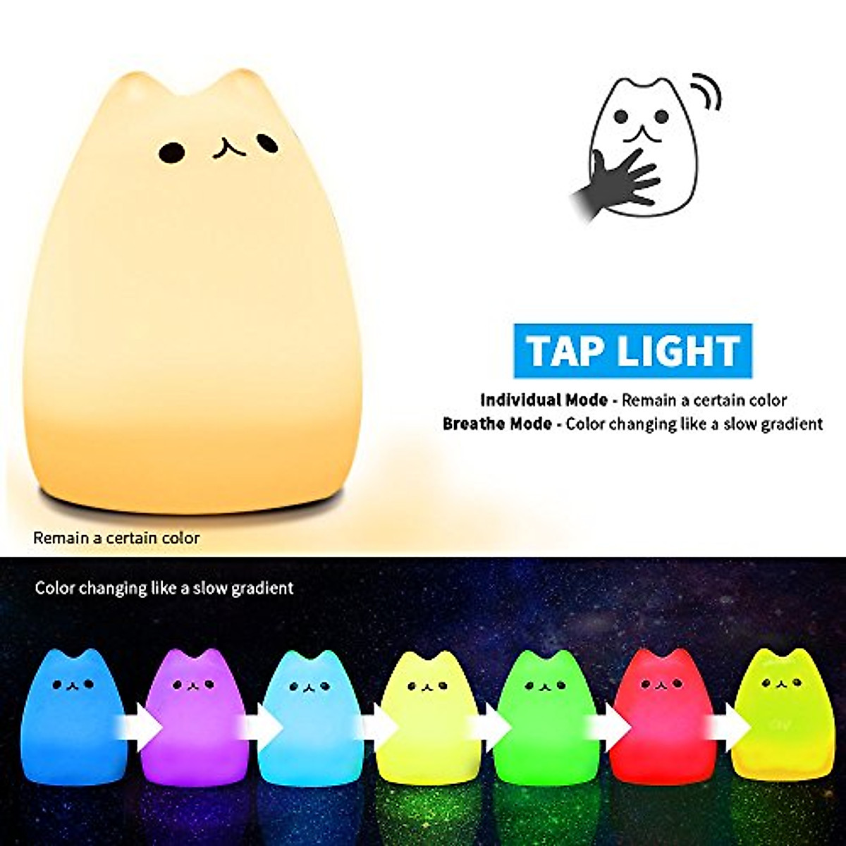 Mystery Cat Night Light for Kids, Soft Silicone LED Baby Nursery Sleep Relaxing Tap Light, Children Toy Nightlight, Decorative Desk Light for Bedroom