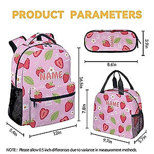 Homexzdiy Personalized Strawberry Backpack with Lunch Box Set for Girls, Custom 3 in 1 School Backpacks Matching Combo, Cute Pink Bookbag and Pencil Case Bundle