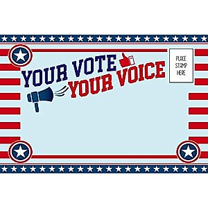 Vote Postcards Bulk - Your Vote Your Voice - Set of 100 4x6 Standard Size - American Flag Patriotism Print, Great Election Supplies, Fun and Eye-Catching Design Postcards for Family and Friends