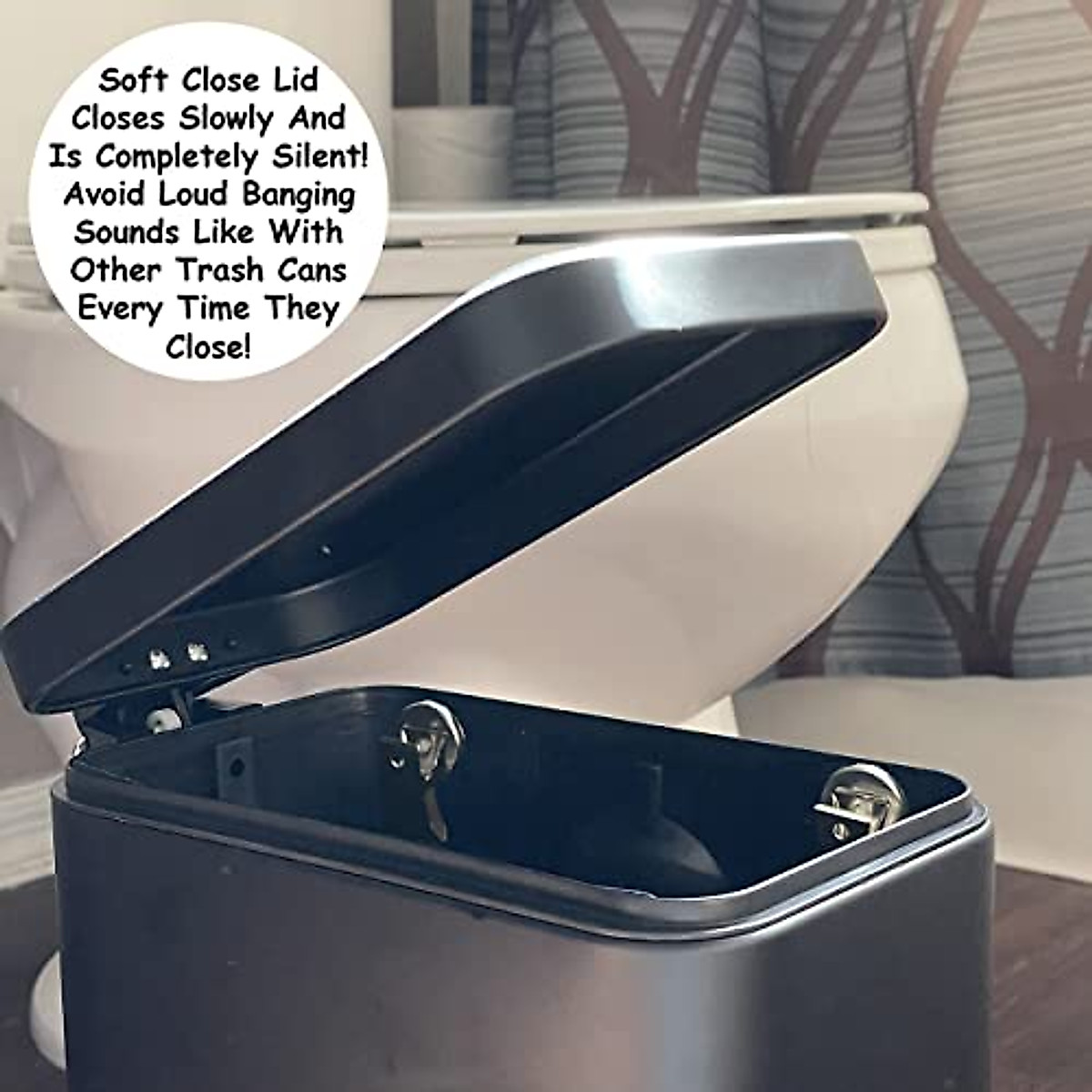 Soft Close, Rectangular Trash Can 5L with Anti - Bag Slip Liner and Lid, Use as Mini Garbage Basket, Slim Dust Bin, or Decor in Bathroom, Restroom, Kitchen, or Bedroom (5L / 1.3 Gallon, Matte Black)