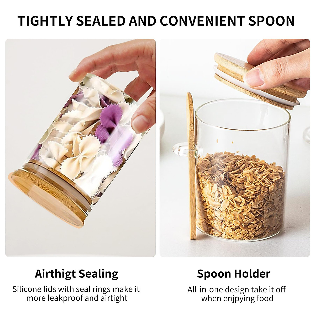 KDAWRO Airtight Glass Jars with Bamboo Lids & Bamboo Spoons, 19Oz 4PACK Borosilicate Glass Food Storage Sugar Containers, Durable Glass Canisters Hold Coffee Beans, Tea, Flour, Candy, Bath Salts