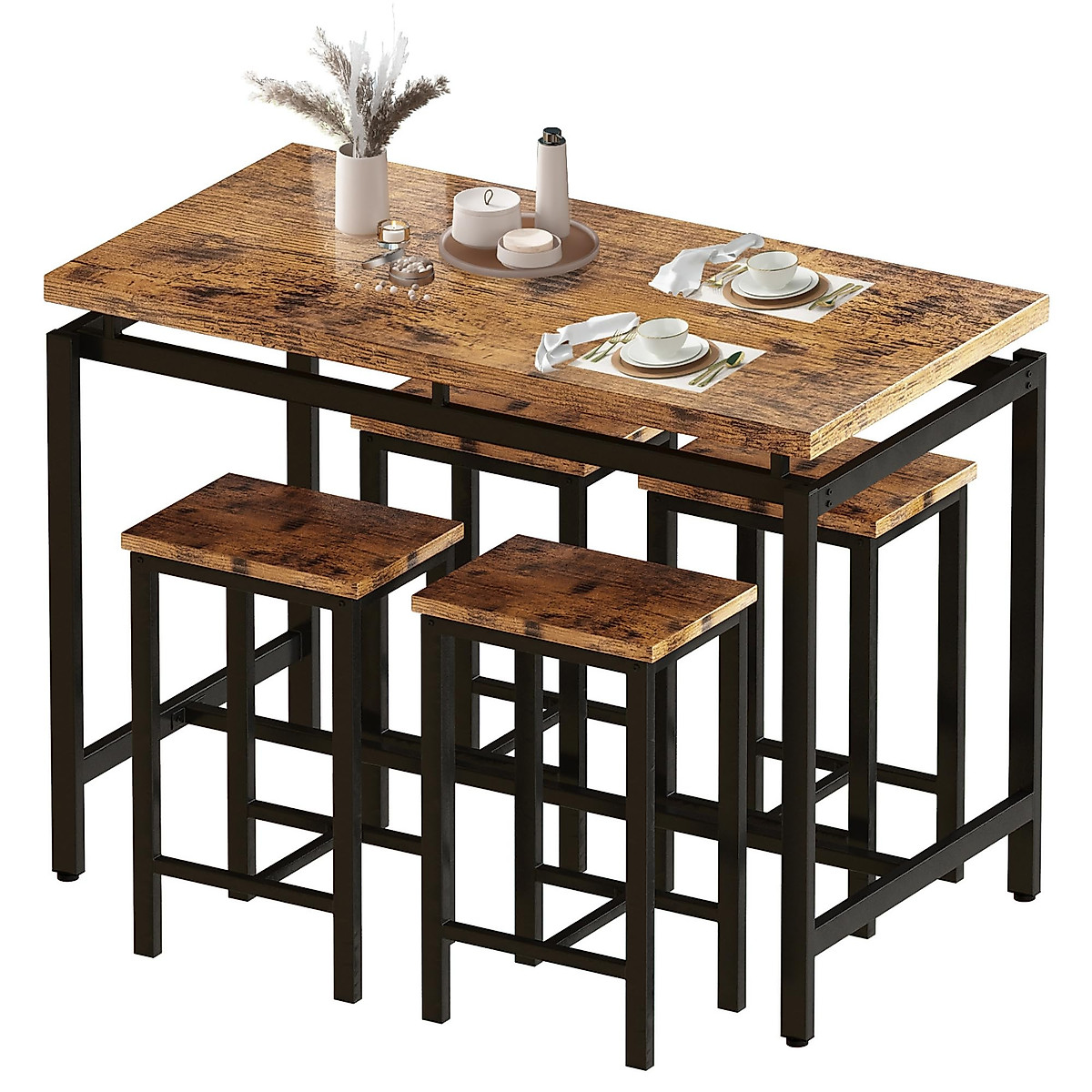 AWQM Dining Table and Stools Set of 4, Industrial Style 5-Piece Pub Table Set, Space Saving Dinette Table Set for Dining Room, Living Room, Kitchen, Apartment