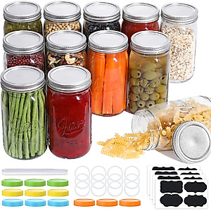 AOZITA 12 Pcs Wide Mouth Mason Jars 32 Oz, Large Canning Jars with Lids and Bands, Colored Plastic Jar Lids, Blank Labels and Chalk Marker, Leak-Proof Airtight Lids for Food Storage, Canning, Favors