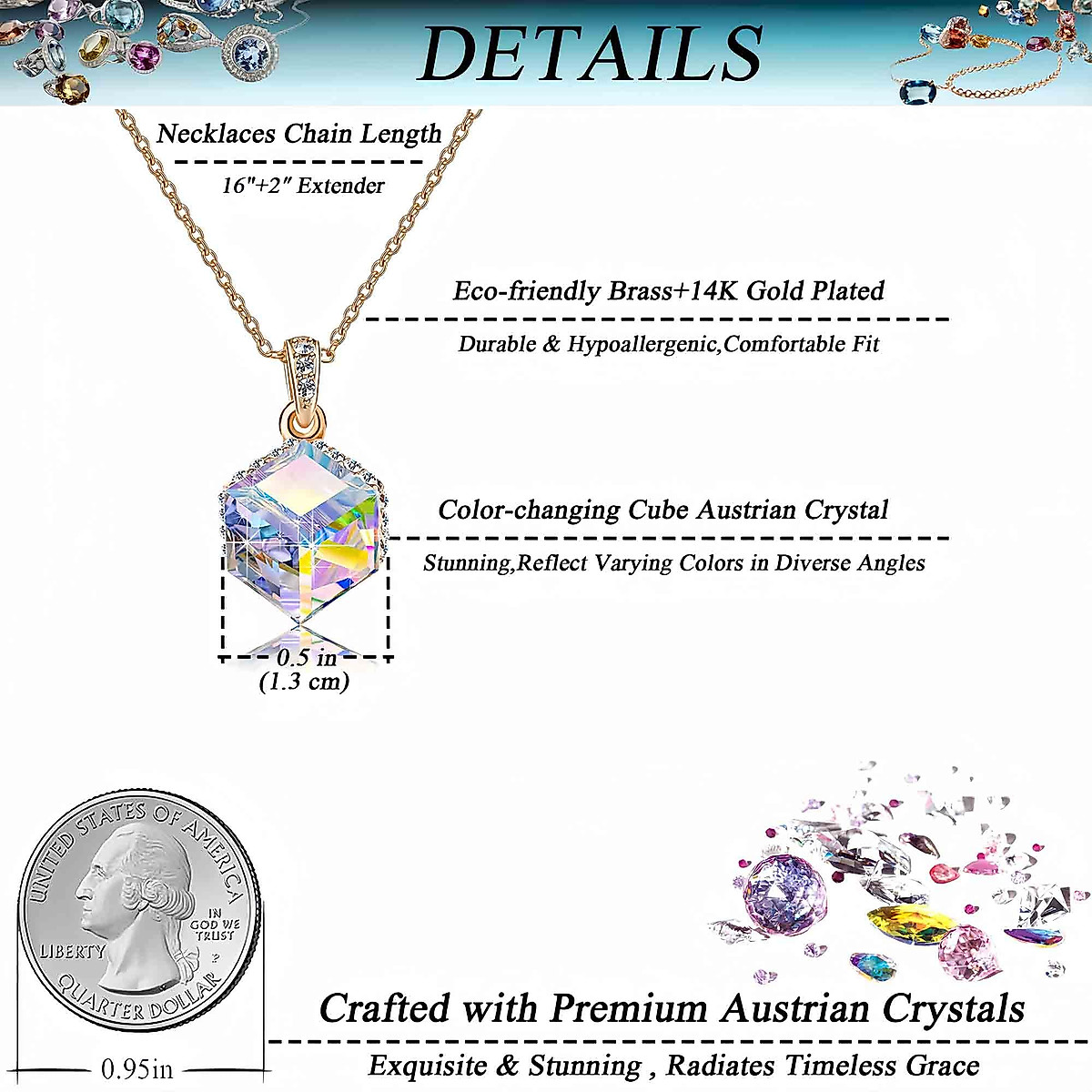 EVEVIC Color Changing Cubic Austrian Crystal Pendant Necklaces for Women 14K Gold Plated Hypoallergenic Jewelry (Aurora Borealis)