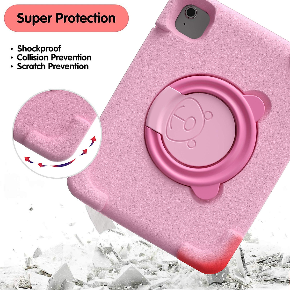 PZOZ iPad Kids Case Compatible for iPad Air 4th 2020 & Air 5th 2022 Generation 10.9 inch, EVA Shockproof Rotate Handle Folding Stand Heavy Duty Protective Cute Cover for Boys Girls (Pink)
