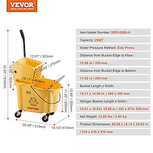 VEVOR Mop Bucket with Wringer, 26 Qt. Commercial Mop Bucket with Side Press Wringer, Side-Press Mop Bucket and Wringer Combo on Wheels, for Professional/Industrial/Business Floor Cleaning, Yellow