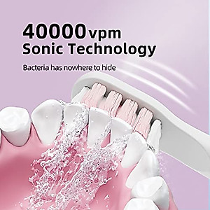 XFU Sonic Toothbrushes for Adults and Kids, 3 Brush Heads, with 5 Modes and IPX7 Waterproof, Battery Electric Toothbrush Build in 2 Mins Timer 40,000 VPM XF-11 Pink