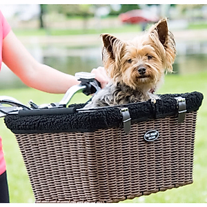 Travelin K9 Pet-Pilot MAX Wicker Bike Basket for Dogs/Cats - Includes Wire Cage Top w/Sun Shade + Plush Removable Padded Liner