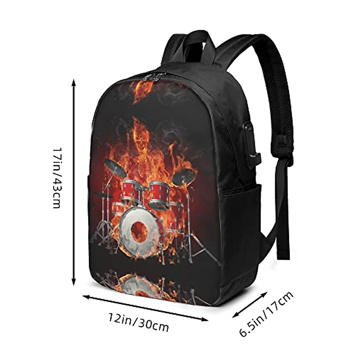AMRANDOM School Backpack Book Bag Rock Roll Drums Flame Drummer Skull Supplies For College Students Travel Laptop Backpack With One Size