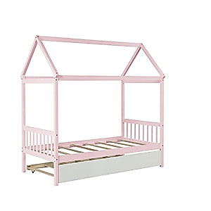 EMKK Twin Bed with Trundle,Kids House Bed Frame Twin Size with Trundle, Wooden Daybed for Boys Girls, can be Decorated, Pink