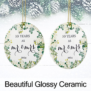 10 Year Anniversary Ornament 2024, 10th Anniversary Collectible Holiday Christmas Ornaments, 10 Year as Mr and Mrs Gift for Couple, 2.9" Ceramic 10th Wedding Anniversary Ornament