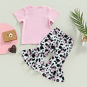Western Baby Girl Outfits Funny Letter T Shirt Top+Cow Print Long Flare Pants Set Summer Spring Clothes 2Pcs (Pink Peace Love Moo, 18-24 Months)