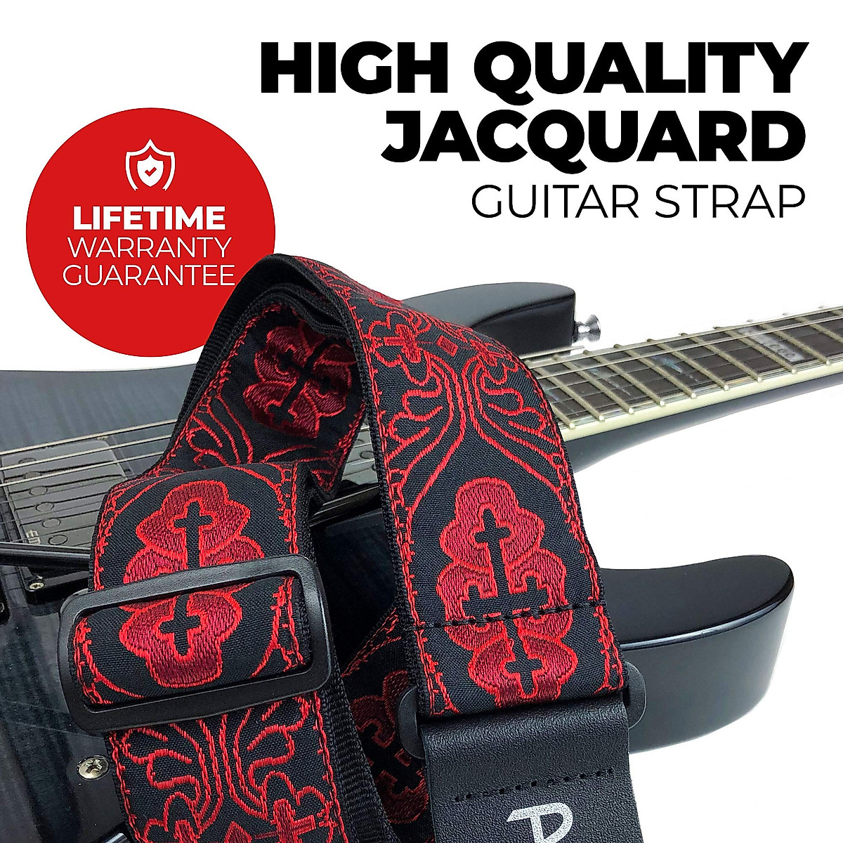Perris Leather Guitar Strap - Red Crosses Jacquard Ribbon Guitar Strap, with Leather Ends - Electric/Acoustic/Bass Guitar Strap - Adjustable Strap From 39″ to 58″ - Red/Black (TWS-7071)