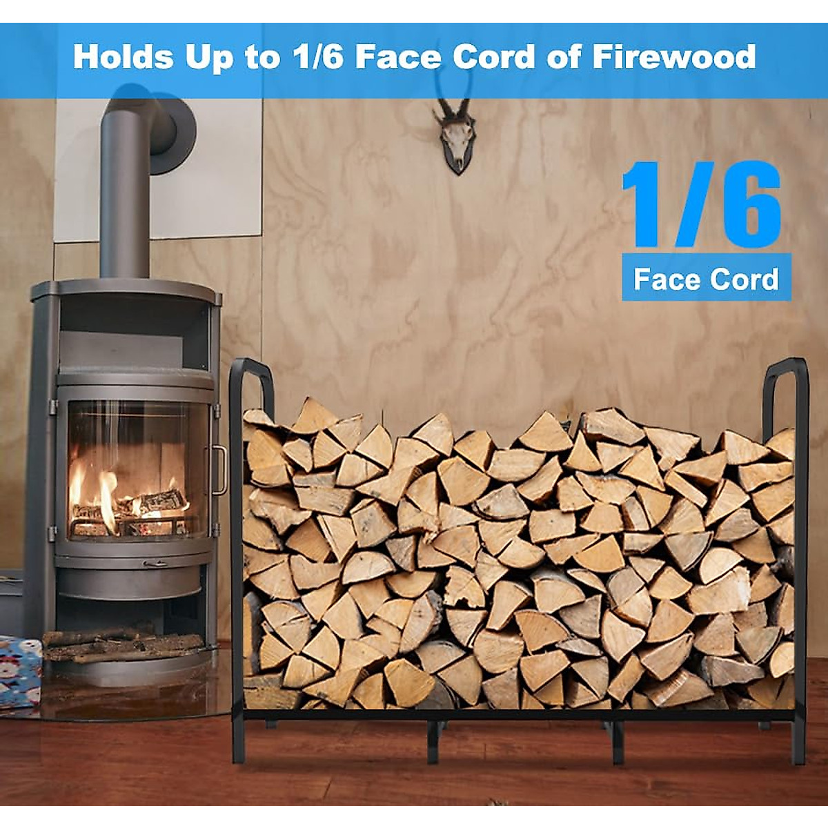 Tikimilor 4ft Firewood Rack Holder, Adjustable Heavy Duty Fire Log Stacker Stand for Fireplace, Outdoor Indoor Metal Wood Pile Storage Organizer, Patio Logs Stand tool, Black