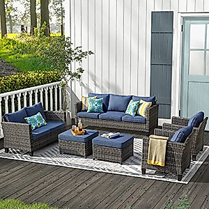 ovios Patio Furniture Set 6 PCS Outdoor Sectional Sofa Set with Loveseat Chairs Ottomans High Back Sofa All Weather Wicker Rattan Conversation Sets for Yard Porch (Denim Blue)