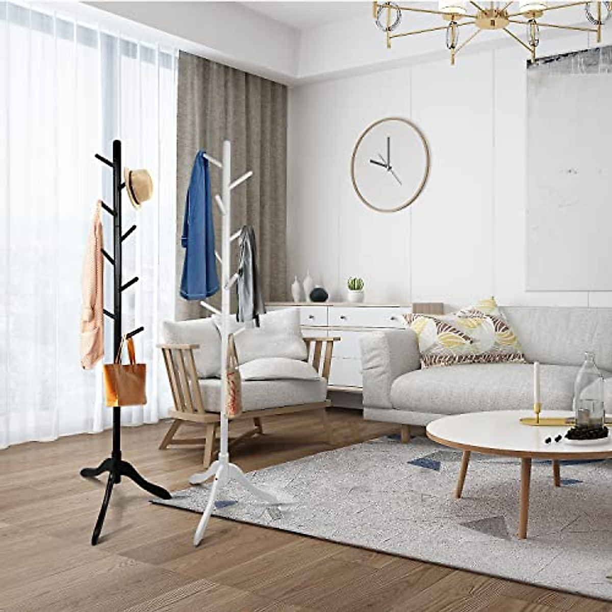 YEVONNIE Coat Rack Free Standing, Solid Wood Coat Stand, Hall Coat Tree with 8 Hooks for Coats, Hats, Bags, Purses, for Entryway, Hallway, Rubberwood (BLACK)