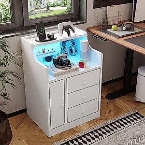 ADORNEVE LED Nightstand with Charging Station,Night Stand with Hutch for bedroom,Bedside Table with Drawers,Modern End Table,White