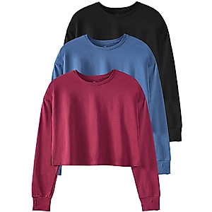 Cosy Pyro 3-Pack Womens Long Sleeve Crop Tops Athletic Casual Cropped Cotton Workout Sweatshirt with Thumb Hole Black/Navy/Wine S