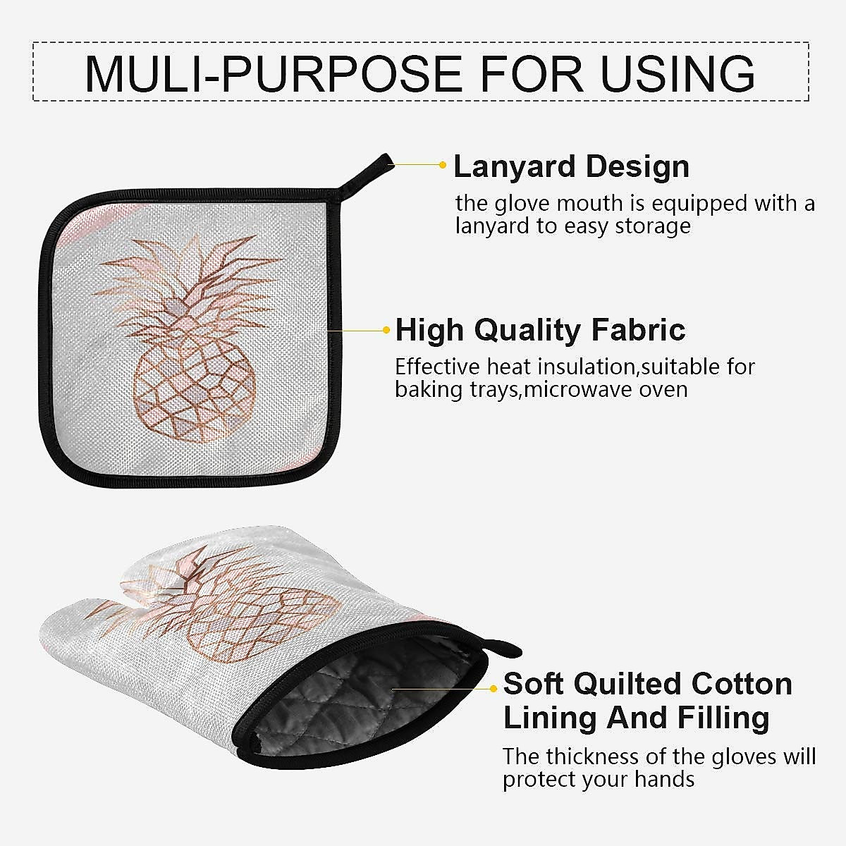 ALAZA Rose Gold Pineapple On Pink and White Marble Oven Mitts and Pot Holders Sets Heat Resistant Kitchen Oven Gloves Potholder for Cooking Baking Grill