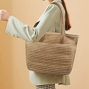 HJYFYL Women Straw Bag Summer Straw Beach Bag Large Handbag Straw Tote Bag Woven Bags (Brown)