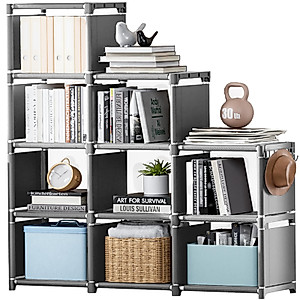 Mavivegue 9+18 Cube Modern Industrial DIY Bookcase, Metal Cubical Book Shelf, Tall Storage Organizer for Bedroom, Living Room, Office, Closet, Black Cubicle Storage Rack-Grey