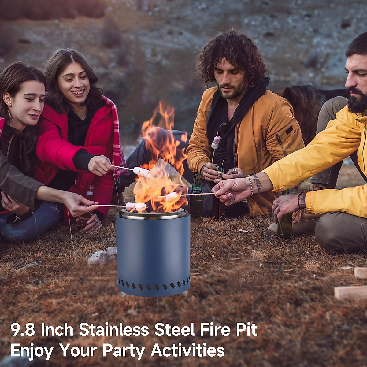 AVKENOEDY Tabletop Fire Pit with Stand, 9.8" H x 8.6" D Smokeless Portable Mini Fire pit for Indoor & Outdoor, Fueled by Pellets/Wood, Safe Burning, Stainless Steel, with Travel Bag, 3.2lbs, Navy Blue