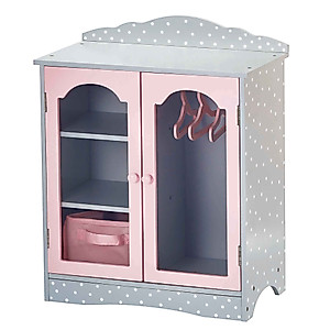Olivia's Little World Polka Dot Princess Wooden Shaker-Style Double Closet for 18" Doll Wardrobes with Windowed Doors, Three Shelves, Hanging Space with Hangers, Gray/Pink