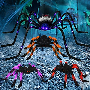 Rocinha 4 Pack Halloween Spider, 4Ft Giant Spider and Colorful Hairy Spider with Red Eyes, Large Light up Spider with Color Changing LEDs Halloween Decoration Props for Yard, Lawn, Party, Outdoor